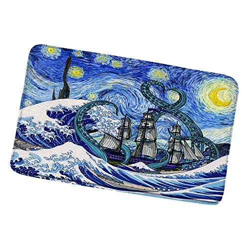 Octopus Tentacle Bath Mats Kraken Japanese Waves Starry Sky Marine Life Bathroom Rugs Beach Soft Absorbent Flannel Shower Floor Carpet Non-Slip Backing 18x30 Inch