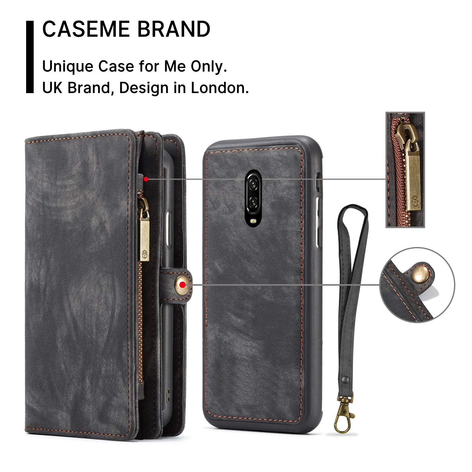 Simicoo OnePlus 7 Pro Leather Wallet Zipper Purse Detachable Card Slots Holder Flip Case Magnetic Wrist Strap Handle Shockproof Cover Pocket Wallet Handbag for OnePlus 7 Pro 1+7 Pro (Black)