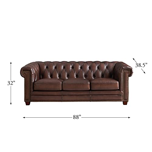 Hydeline Stanwood Top Grain Leather Sofa Couch, 89'', Caramel Brown