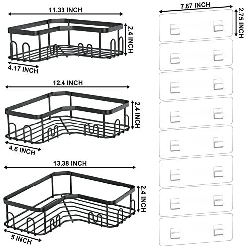 Menbyci 3 Pack Corner Shower Caddy, Stainless Steel Corner Shower Shelf with 18 Hooks, Adhesive Shower Shelves Shower Organizer Corner for Bathroom Storage (Black)
