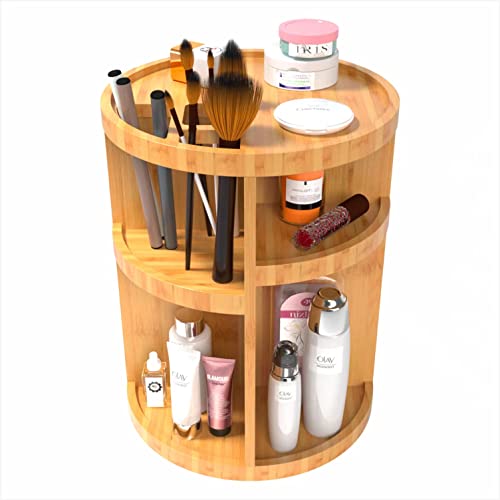 AJIAAIONE 360° Bamboo Makeup Organizer, Cosmetics Organizer,Multi-Function Storage Carousel for Makeup, Toiletries, and More — Great for Vanity, Desk, Bathroom, Bedroom, Closet, Kitchen