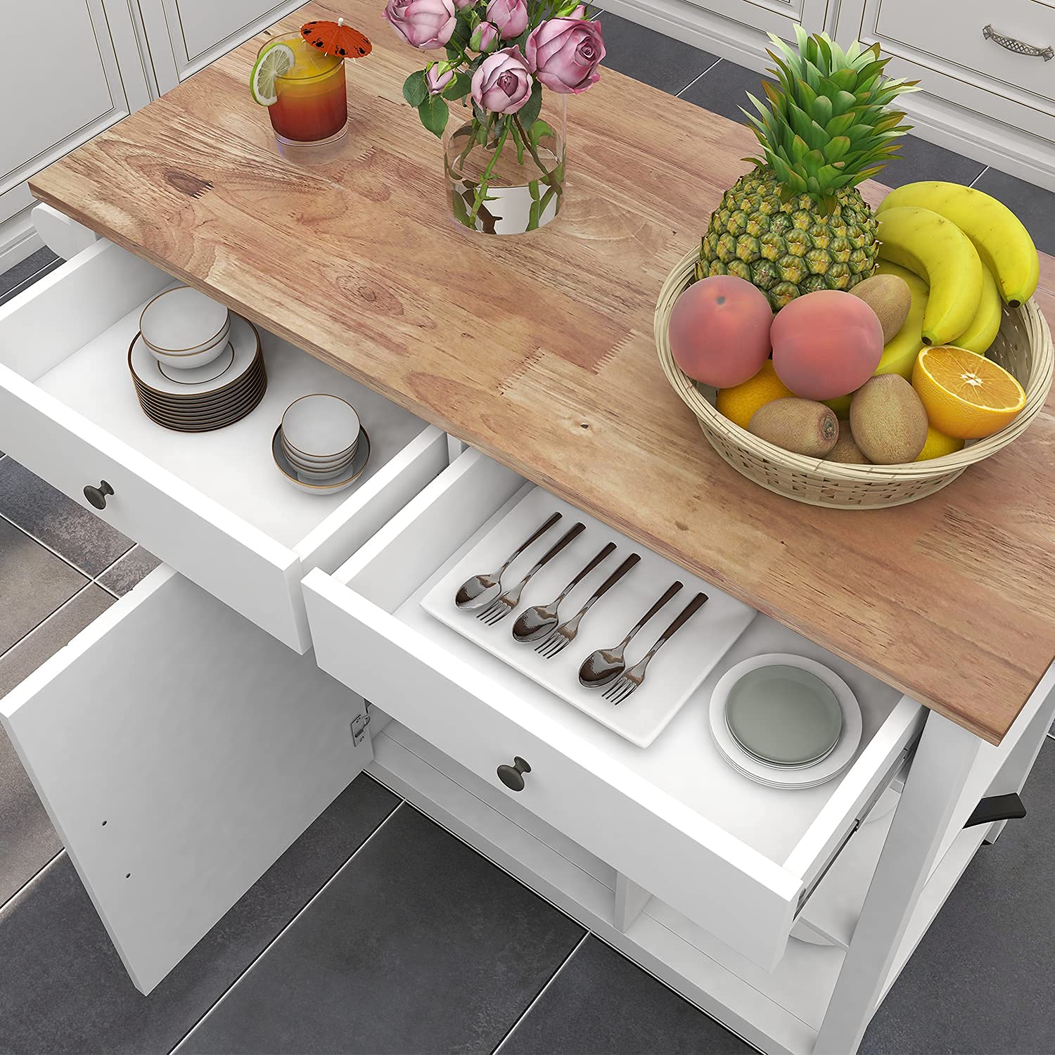 ChooChoo Kitchen Cart on Wheels with Wood Top, Utility Wood Kitchen Islands with Storage and Drawers, Easy Assembly - White
