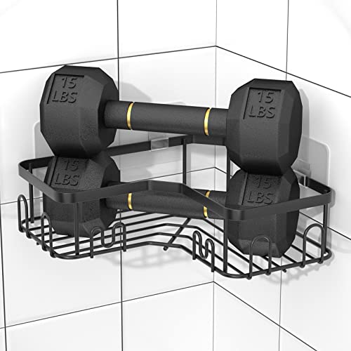 Menbyci 3 Pack Corner Shower Caddy, Stainless Steel Corner Shower Shelf with 18 Hooks, Adhesive Shower Shelves Shower Organizer Corner for Bathroom Storage (Black)