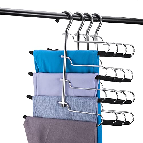 HOUSE DAY Pants Hangers 4 Layers Space Saving Multi Functional Pants Rack Non-Slip Clothes Closet Storage Organizer for Pants Jeans Trouser Skirts Scarf Black (4 Pack)
