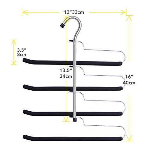 HOUSE DAY Pants Hangers 4 Layers Space Saving Multi Functional Pants Rack Non-Slip Clothes Closet Storage Organizer for Pants Jeans Trouser Skirts Scarf Black (4 Pack)