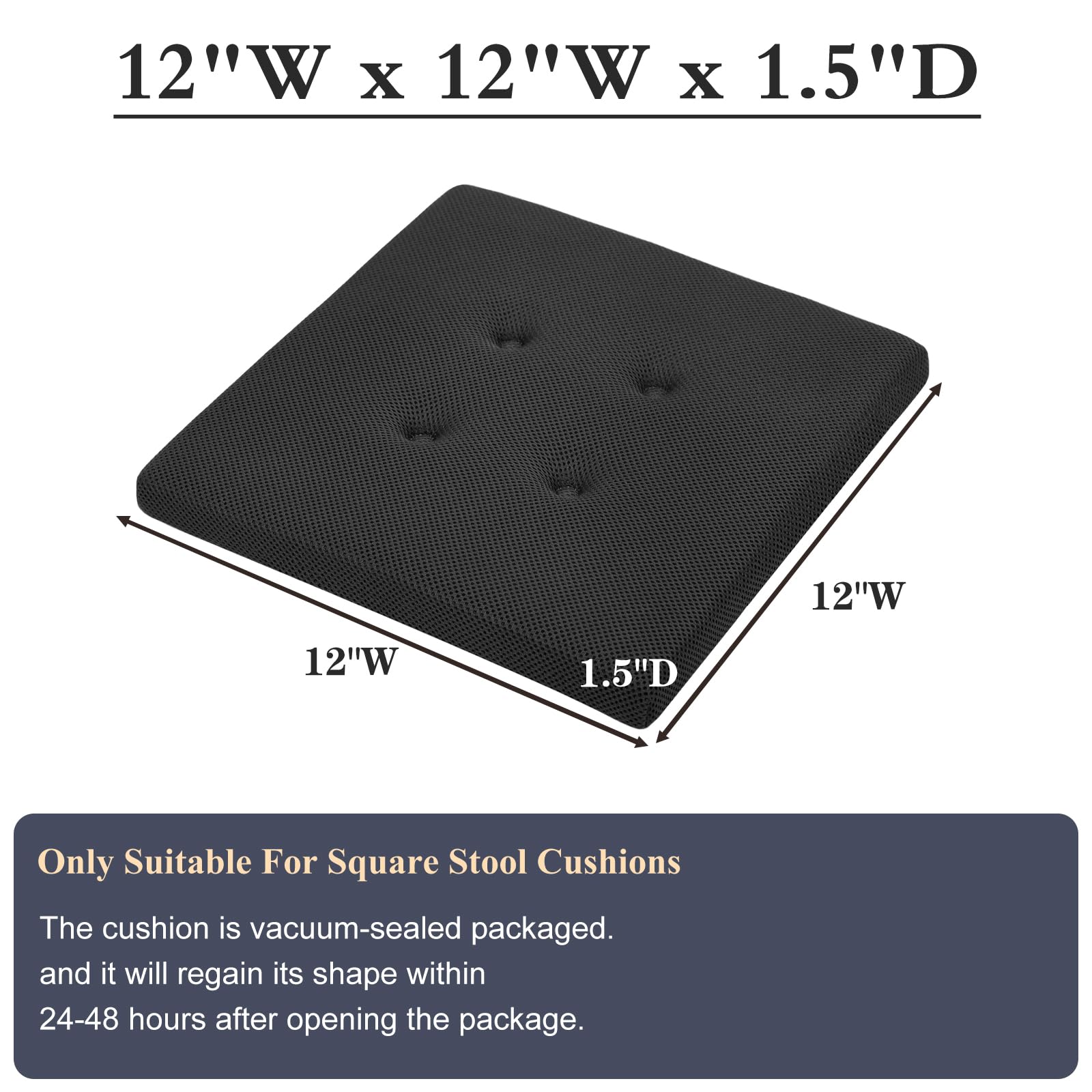 baibu 12 Inches Square Stool Cushions with Ties for Bar Stool, Breathable Square Chair Pads Seat Cushions with Non-Slip Bottom - One Pad Only (12", Black)