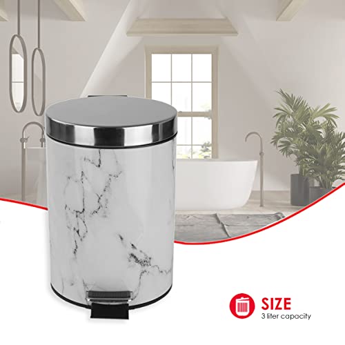 Home Basics Marble Ceramic 4 Piece Bath Accessory Set, White | Faux Marble Toilet Brush Set, White | Faux Marble 3 Liter Waste Bin, White