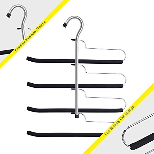 HOUSE DAY Pants Hangers 4 Layers Space Saving Multi Functional Pants Rack Non-Slip Clothes Closet Storage Organizer for Pants Jeans Trouser Skirts Scarf Black (4 Pack)
