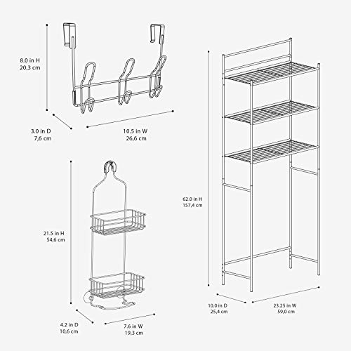 Zenna Home BB78NN 3-Piece Bath-in-a-Box Bath Storage Suite: Spacesaver, Shower Caddy and Over-the-Door Hooks, in Satin Nickel