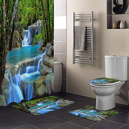 Prime Leader 4 Pcs Shower Curtain Set with 12 Hooks, Mountain Waterfall Tree Landscape Bathroom Decor Sets with Non-Slip Bath Mat Toilet Lid Cover, Durable Waterproof Shower Curtain and Rugs Set