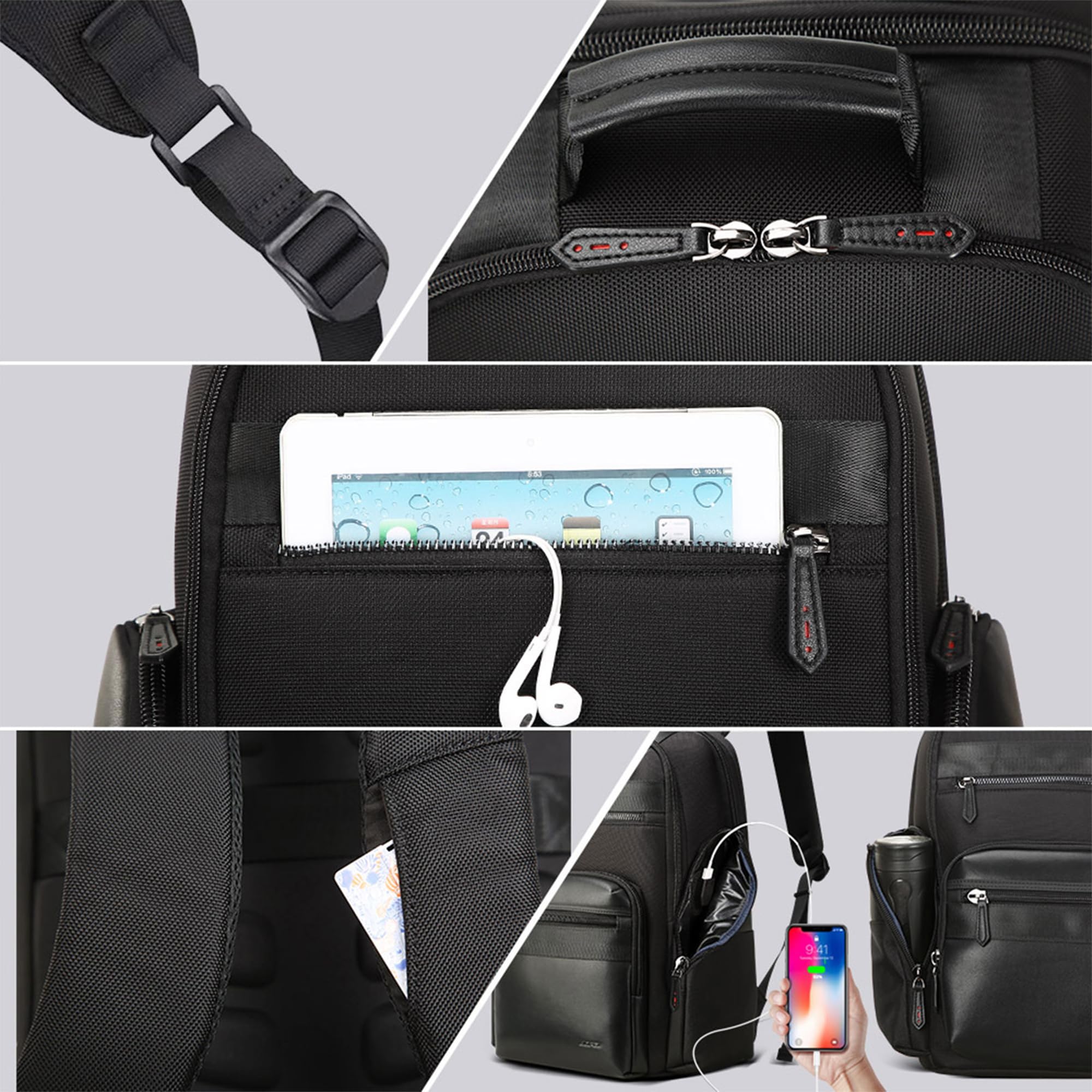 BOPai 30L Travel Backpack for Men Business Laptop Backpack 15.6 inch Computer bagpack with USB Charging Water-Resistant Rucksack Black