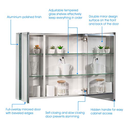 Movo Double Doors Medicine Cabinet with Mirror, 30 inch X 26 inch Aluminum Bathroom Medicine Cabinet, Adjustable Glass Shelves, Waterproof and Rust-Resist, Recess or Surface Mount Installation