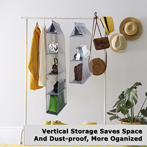 7 Pcs Hanging Purse Organizer for Closet, 3 Pcs 4-Shelf Closet Purse Shelf Hanger and 4 Pcs 2-Shelf Handbag Organizer, Breathable Mesh Purse Storage Organizer Bag Holder for Wall Closet Wardrobe