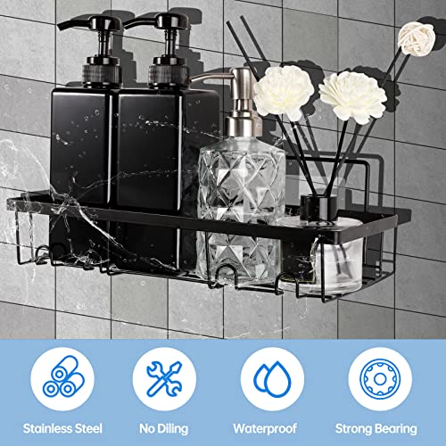 2 Pack Shower Caddy Shelf Organizer,Adhesive Shower Caddy,Rustproof Shower Shelves,Wall Mounted Shower Rack,Stainless Steel Bathroom Shower Organizer for Inside Shower Storage,No Drilling,Black