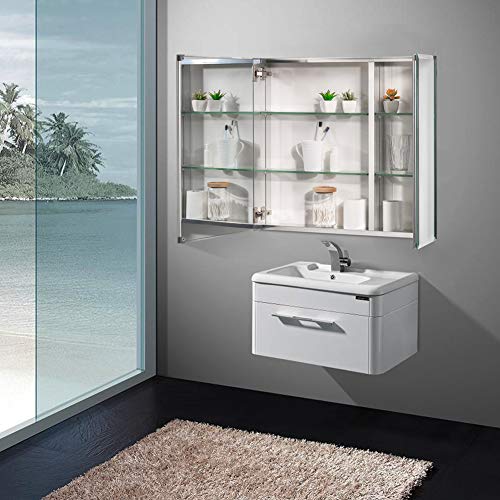 Movo Double Doors Medicine Cabinet with Mirror, 30 inch X 26 inch Aluminum Bathroom Medicine Cabinet, Adjustable Glass Shelves, Waterproof and Rust-Resist, Recess or Surface Mount Installation