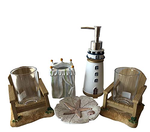RuShi Nautical Bathroom Accessory Set, 5 pcs; 1 Lighthouse Hand Soap Holder; 1 Beach Tent Toothbrush Container; 2 Beach Chairs Glass Holders and 1 Starfish Themed soap Dish