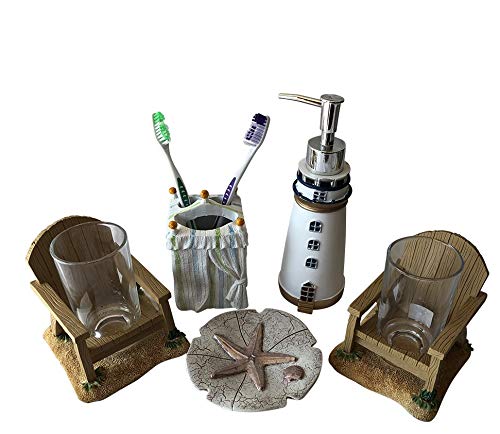 RuShi Nautical Bathroom Accessory Set, 5 pcs; 1 Lighthouse Hand Soap Holder; 1 Beach Tent Toothbrush Container; 2 Beach Chairs Glass Holders and 1 Starfish Themed soap Dish