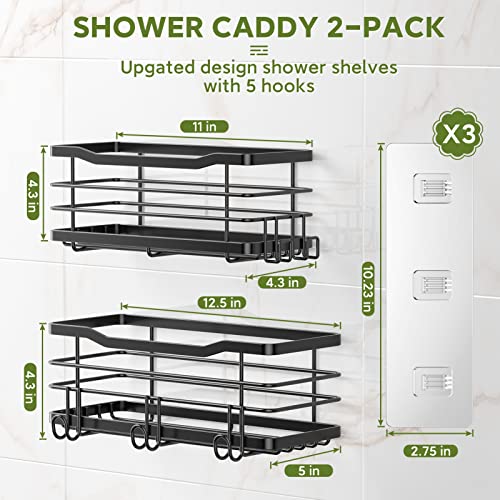 Adhesive Shower Caddy Bathroom Organizer, High Guardrail Shower Shelf for Inside Shower with 5 Hooks, No Drilling Shower Organizer Rustproof Stainless Steel Wall Mounted Shower Shelve - 2 Pack