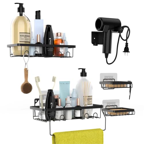 AucrBoa 6 Pack Shower Caddy Bathroom Shelf with Hair Dryer Holder, and Towel bar and Soap Dishes, No Drilling Traceless Adhesive Wall Mounted Bathroom Storage Organizer Basket with Hooks,Black