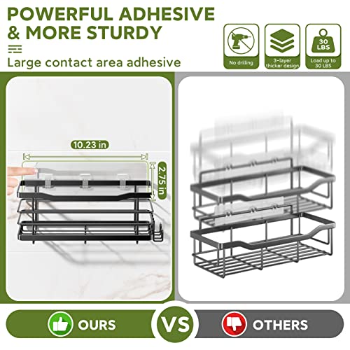 Adhesive Shower Caddy Bathroom Organizer, High Guardrail Shower Shelf for Inside Shower with 5 Hooks, No Drilling Shower Organizer Rustproof Stainless Steel Wall Mounted Shower Shelve - 2 Pack