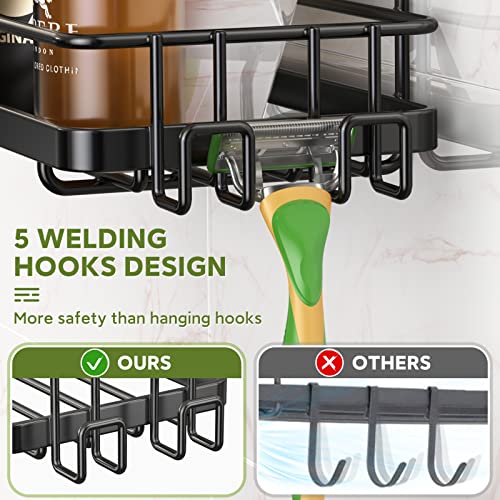Adhesive Shower Caddy Bathroom Organizer, High Guardrail Shower Shelf for Inside Shower with 5 Hooks, No Drilling Shower Organizer Rustproof Stainless Steel Wall Mounted Shower Shelve - 2 Pack