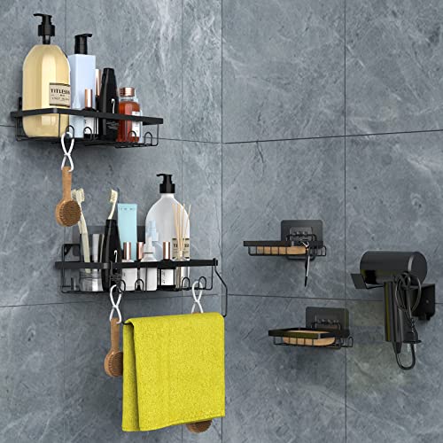 AucrBoa 6 Pack Shower Caddy Bathroom Shelf with Hair Dryer Holder, and Towel bar and Soap Dishes, No Drilling Traceless Adhesive Wall Mounted Bathroom Storage Organizer Basket with Hooks,Black