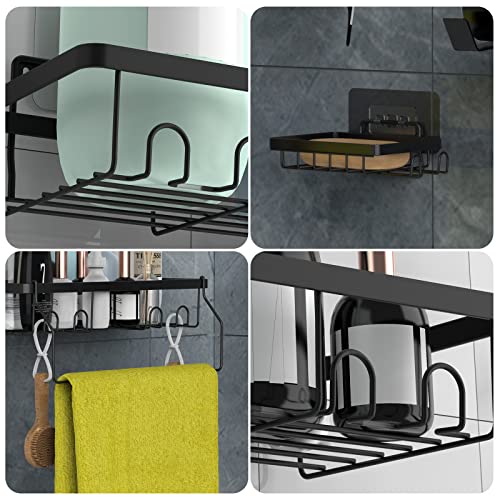 AucrBoa 6 Pack Shower Caddy Bathroom Shelf with Hair Dryer Holder, and Towel bar and Soap Dishes, No Drilling Traceless Adhesive Wall Mounted Bathroom Storage Organizer Basket with Hooks,Black