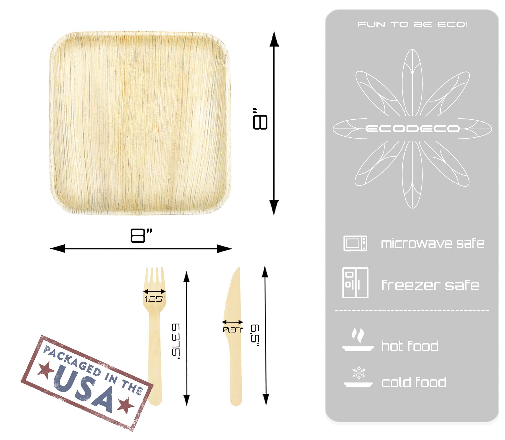 Ecodeco Palm Leaf Compostable Plates - 50 pcs - Square - Disposable Eco Friendly Like Bamboo Party Plates with Cutlery - 8 Inch