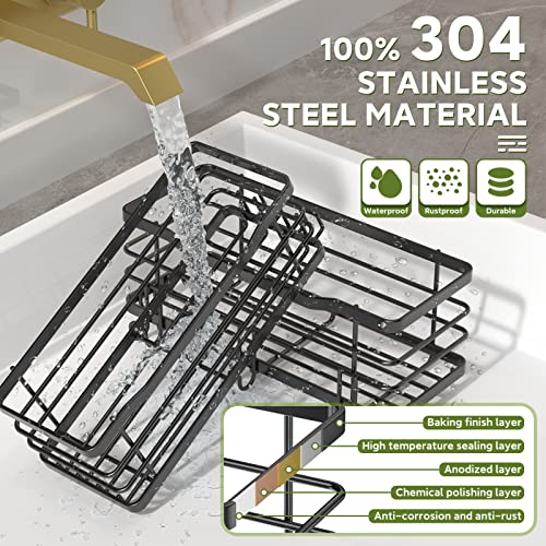 Adhesive Shower Caddy Bathroom Organizer, High Guardrail Shower Shelf for Inside Shower with 5 Hooks, No Drilling Shower Organizer Rustproof Stainless Steel Wall Mounted Shower Shelve - 2 Pack