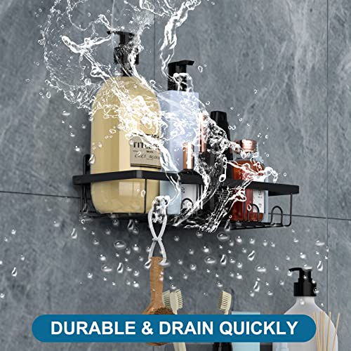 AucrBoa 6 Pack Shower Caddy Bathroom Shelf with Hair Dryer Holder, and Towel bar and Soap Dishes, No Drilling Traceless Adhesive Wall Mounted Bathroom Storage Organizer Basket with Hooks,Black