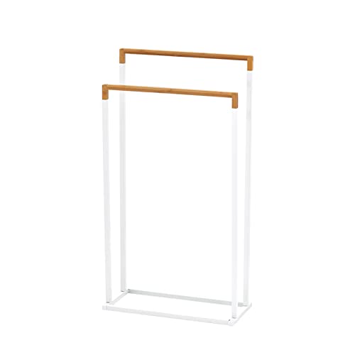 ikloo 33 Inch 2-Tier White Metal Freestanding Bathroom Towel Rack Stand with Bamboo Wood Bar, Laundry Room Drying Rack Holder, Bathroom Storage Organizer.