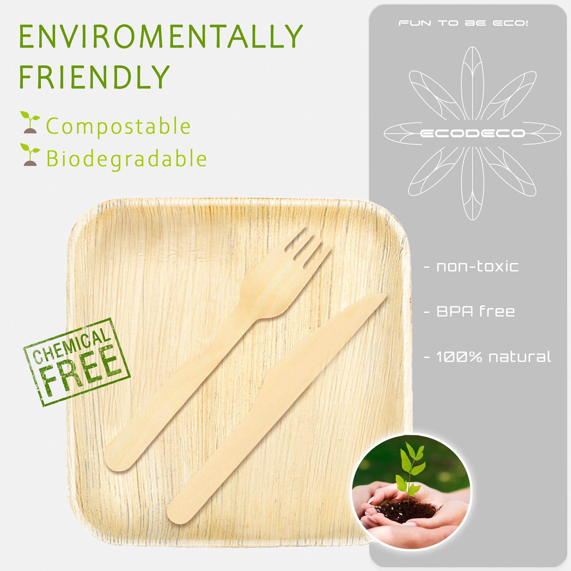 Ecodeco Palm Leaf Compostable Plates - 50 pcs - Square - Disposable Eco Friendly Like Bamboo Party Plates with Cutlery - 8 Inch