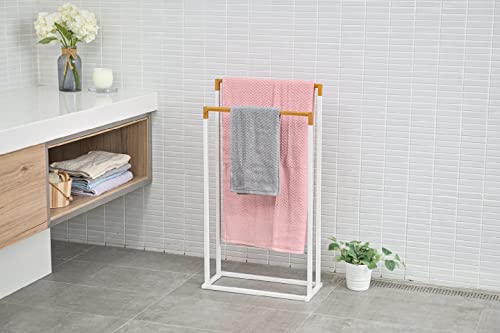 ikloo 33 Inch 2-Tier White Metal Freestanding Bathroom Towel Rack Stand with Bamboo Wood Bar, Laundry Room Drying Rack Holder, Bathroom Storage Organizer.