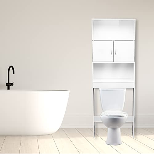 Home Basics Space Saver for Bathroom (White) MDF Bathroom Space Saver with Three Shelves and Cabinet Doors | Toilet Saver for Towels, Toilet Paper, Beauty Supplies, and Décor