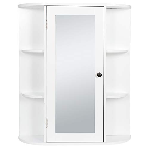 SUPER DEAL Bathroom Cabinet with Single Mirror Door Wall Mount Medicine Cabinet with Inner Adjustable Shelves Wooden Storage Organizer