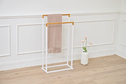 ikloo 33 Inch 2-Tier White Metal Freestanding Bathroom Towel Rack Stand with Bamboo Wood Bar, Laundry Room Drying Rack Holder, Bathroom Storage Organizer.