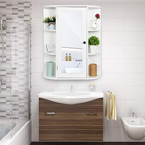 SUPER DEAL Bathroom Cabinet with Single Mirror Door Wall Mount Medicine Cabinet with Inner Adjustable Shelves Wooden Storage Organizer