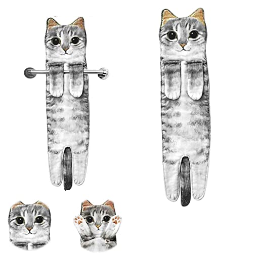 Yeikbuxa Cat Hand Towels for Bathroom Kitchen, Soft and Absorbent, Cat Gifts Cute Decorative Cat Decor Hanging Washcloths Face Towels, Funny Gifts for Cat Lovers(Grey)