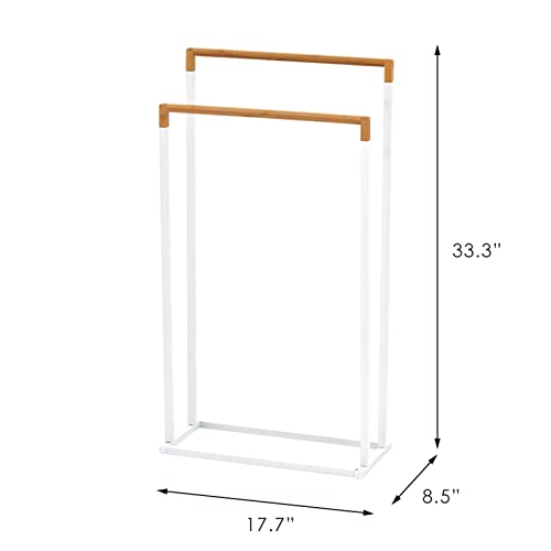 ikloo 33 Inch 2-Tier White Metal Freestanding Bathroom Towel Rack Stand with Bamboo Wood Bar, Laundry Room Drying Rack Holder, Bathroom Storage Organizer.