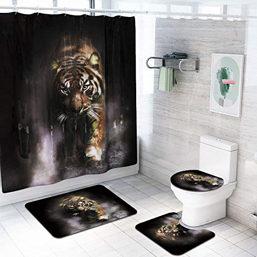 Tiger Bathroom Set Bath Rugs Bathroom Accessory Sets Lion Tiger Wolf Printing Shower Curtain mat Four Sets of Bathroom Toilet Anti-Skid Absorbent Carpet Foreign Trade Four-Piece (Tiger)