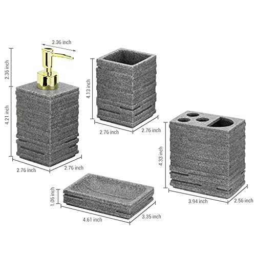 MyGift 4 Piece Gray Bathroom Accessories Set, Modern Stone Style Bath Decor Countertop Organizers Includes Brass Tone Lotion/Liquid Soap Dispenser Pump, Toothbrush Holder, Tumbler, and Soap Dish