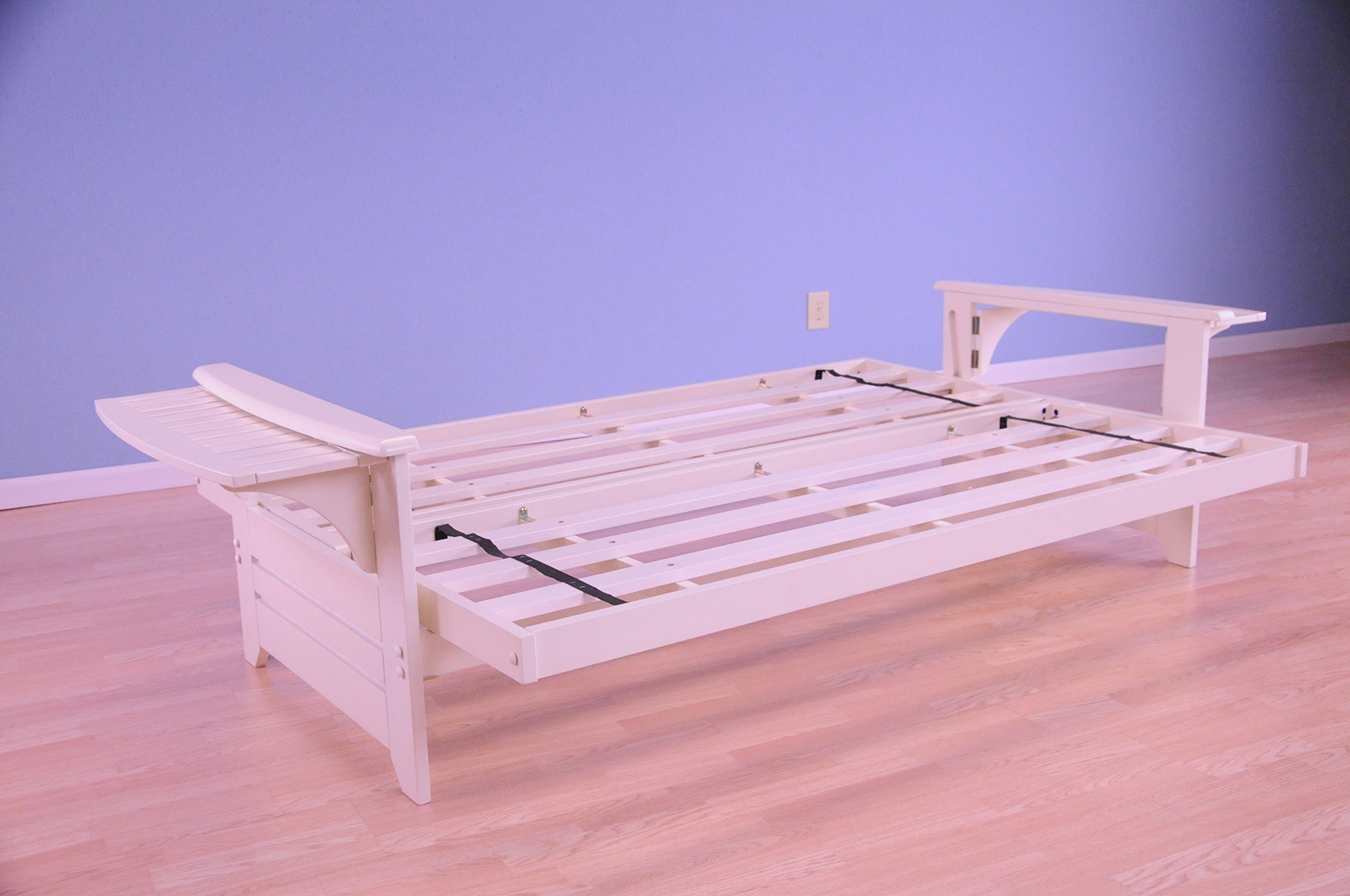 Cordova Futons Ocean Side Futon Antique White Finish Wood Frame - Arm Tray - Choice to add Drawers Underbed Storage (Frame Only)