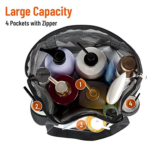 YAWSOUP Mesh Shower Caddy Portable,Quick Dry Hanging Shower Tote,with 4 Pockets,for College Dorm Room Essentials,Beach Shower Bag,Swimming,Gym - Black
