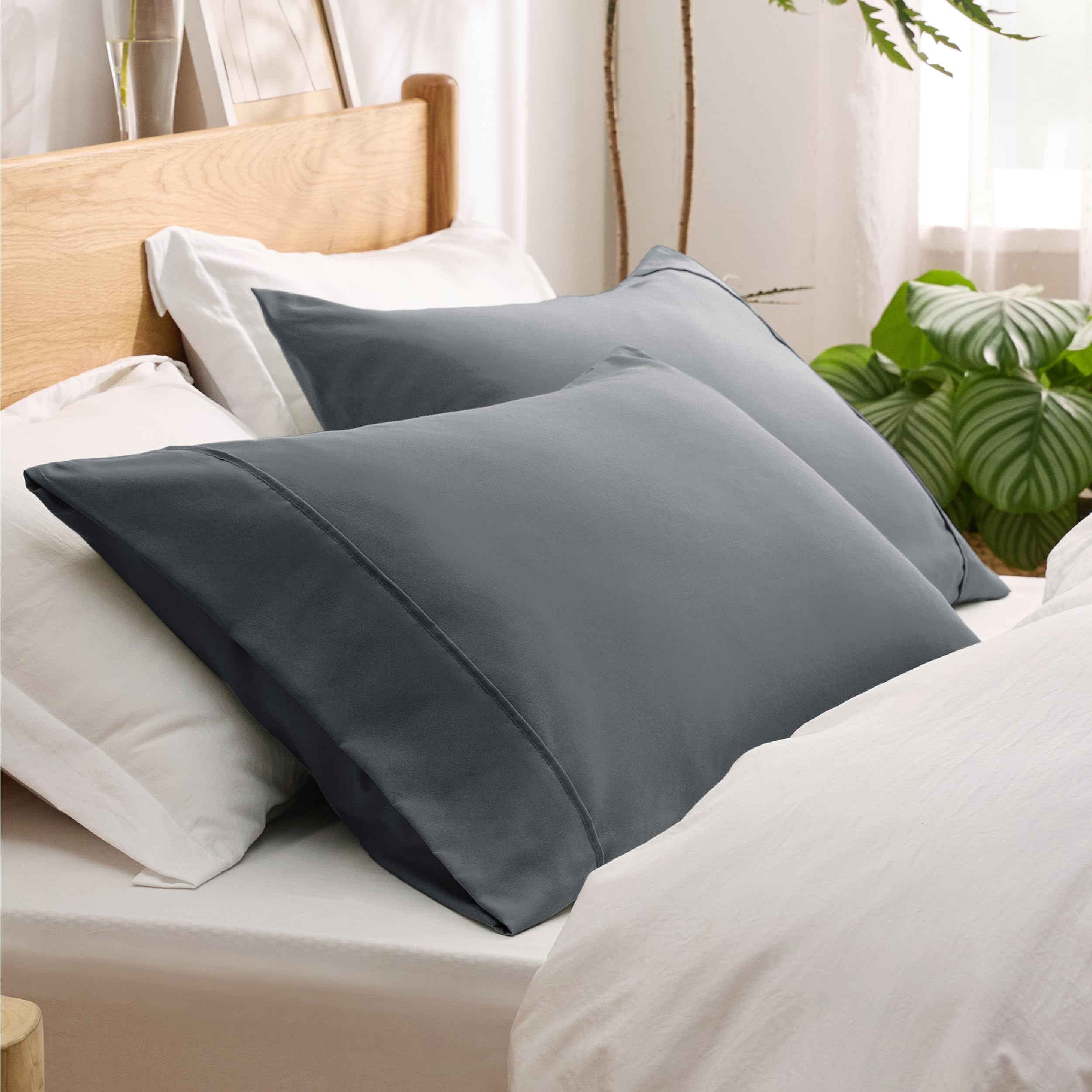 Bedsure Queen Pillow Cases Set of 2 - Dark Grey Polyester Microfiber Pillowcase 2 Pack, Super Soft and Cozy Gray Cooling Pillow Case Covers with Envelop Closure, 20x30 Inches