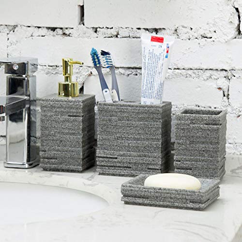 MyGift 4 Piece Gray Bathroom Accessories Set, Modern Stone Style Bath Decor Countertop Organizers Includes Brass Tone Lotion/Liquid Soap Dispenser Pump, Toothbrush Holder, Tumbler, and Soap Dish