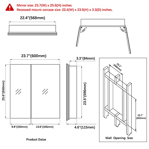 Fundin Stainless Steel Medicine Cabinet, Bathroom Mirror Cabinet, Surface Mount and Recess Mount, 23.6 x 25.6 inch, with Unique Half-Shelves for Greater Storage adjustability