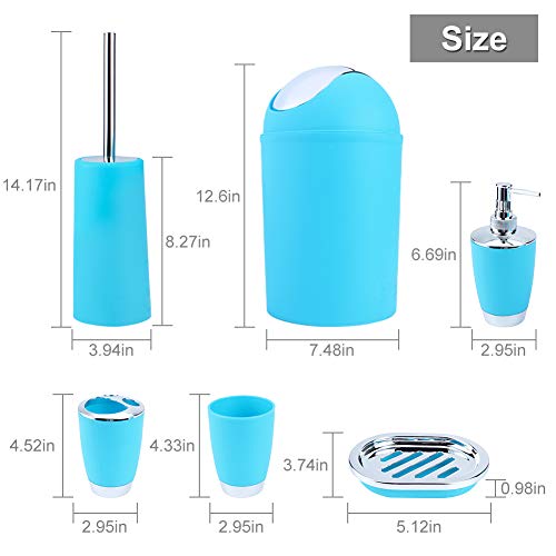 Cocoarm Bathroom Accessories Set, 6 Piece Plastic Bath Ensemble Gift Set Bath Set Plastic Cup, Toothbrush Holder, Soap Holder, Lotion Bottles, Bins, Toilet Brush Bathroom Set (Blue)