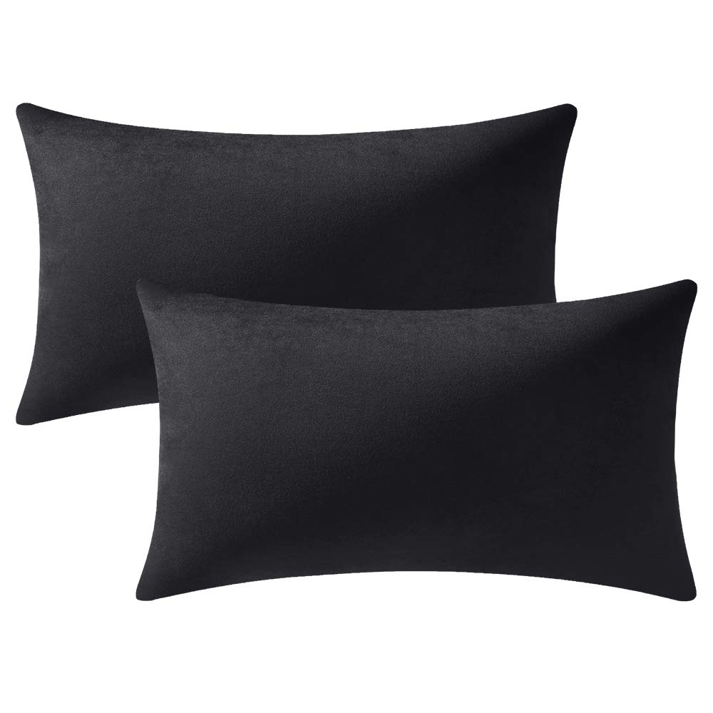 DEZENE Decorative Pillow Covers 12x20 Black: 2 Pack Cozy Soft Velvet Rectangular Throw Pillow Cases for Farmhouse Home Decor