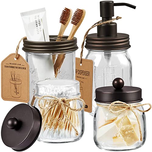 Mason Jar Bathroom Accessories Set(4 Pcs) -Lotion Soap Dispenser & 2 Cotton Swab Holder &Toothbrush Holder-Rustic Farmhouse Decor,Countertop Vanity Organize，Bathroom Home Decor (Bronze)