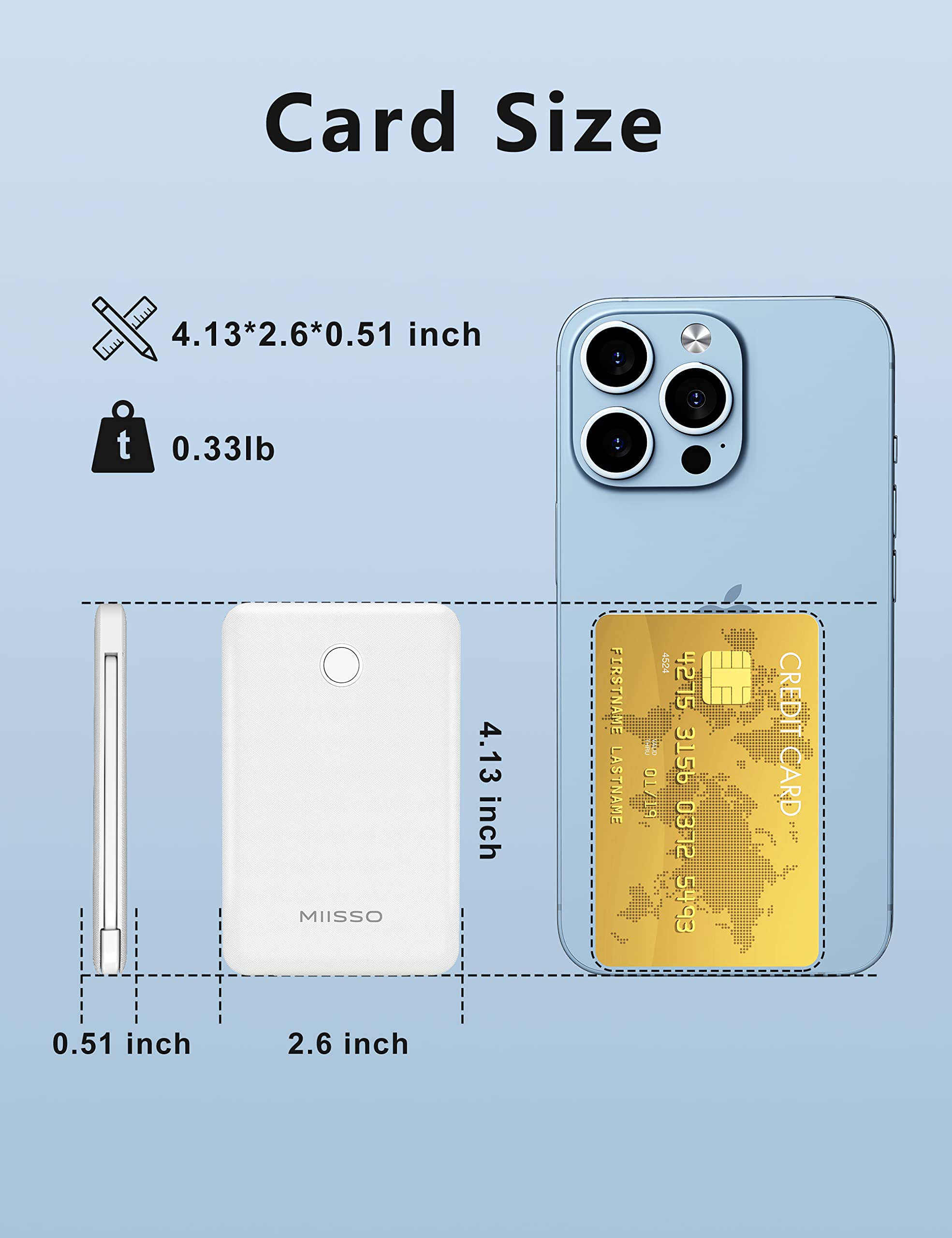 miisso 6000mah Card Size Built in Cables Power Bank, Built in USB C Cords Battery Pack Travel Charger Portable Charger for Phones, 4 Output Ultra Slim Battery Pack Compatible with iPhone, White